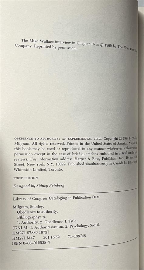 Obedience To Authority By Stanley Milgram Near Fine Hardcover 1974