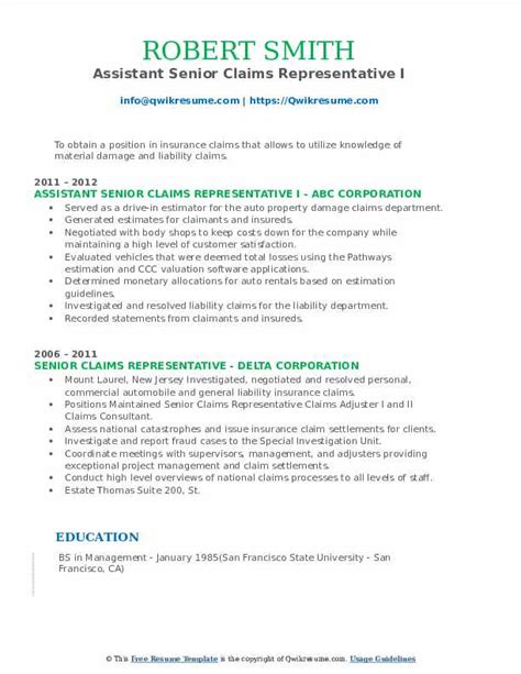 Senior Claims Representative Resume Samples Qwikresume