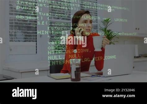 Talking On Phone And Using Laptop Woman With Code Animation Over Office Background Technology