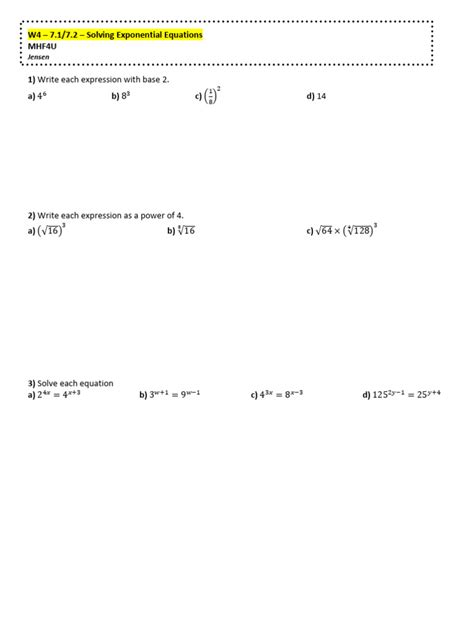 Hw4s 7 1 And 7 2 Solving Exponential Equations Pdf Quadratic Equation Mathematical Concepts