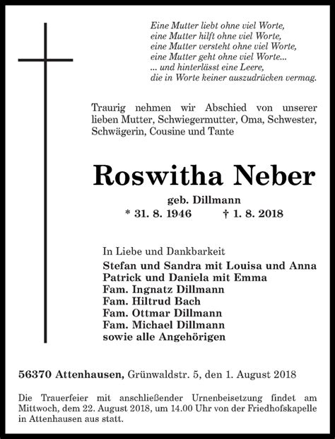 Traueranzeigen Von Roswitha Neber Rz Trauerde