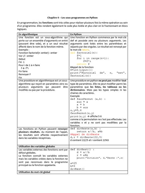 Sous Programmes Et Fonctions En Python Pdf Python Langage De