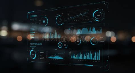 Futuristic Digital Interface Featuring Various Data Visualizations Including Bar Charts Stock