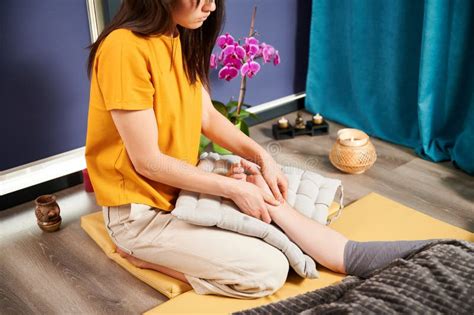 Masseuse Making Thai Yoga Massage Woman Therapist Doing Traditional
