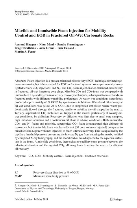 Pdf Miscible And Immiscible Foam Injection For Mobility Control And
