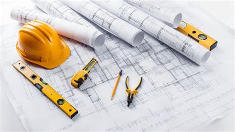 Construction Blueprint Blueprint For Construction Work With Helmet And Tools Stock Illustration