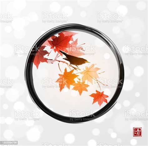 흰색 배경에 검은 엔소 선 원에 빨간색 단풍 나무에 앉아 검은 새 전통적인 동양 잉크 페인팅 스미e U죄 고화 상형 문자 선명도
