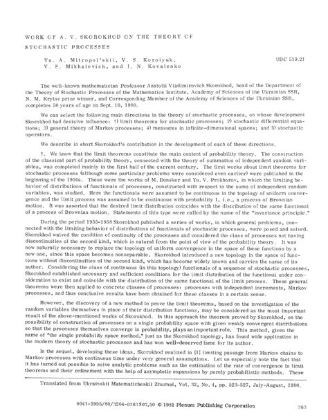 Pdf Work Of A V Skorokhod On The Theory Of Stochastic Processes