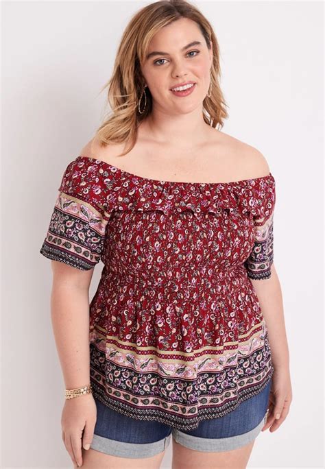 Plus Size Mixed Print Smocked Off The Shoulder Top Maurices