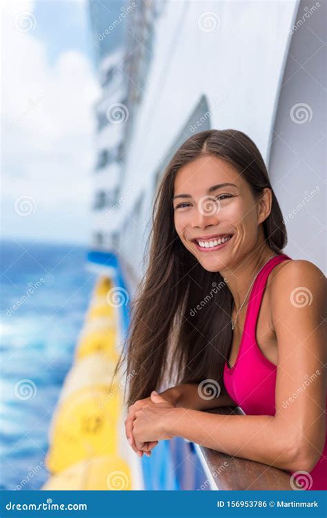 Happy Travel Woman On Cruise Vacation Smiling At Her Caribbean Or