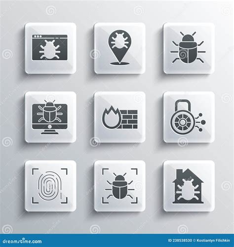 Set System Bug House System Cyber Security Firewall Wall Fingerprint On Monitor And Icon