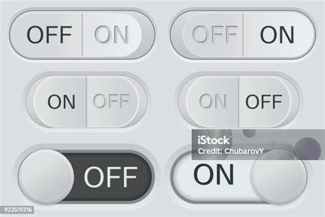 On과 Off 토글 스위치 버튼입니다 회색 플라스틱 인터페이스에 흑인과 백인 웹 아이콘 3차원 형태에 대한 스톡 벡터 아트 및