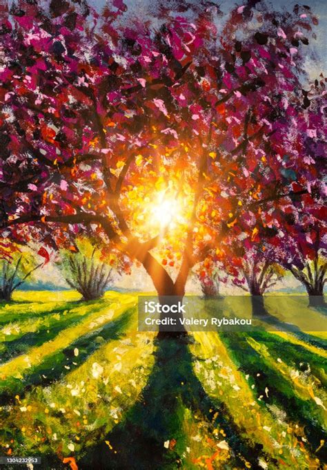 캔버스에 원래 유화 햇볕이 잘 드는 풍경 아름다운 이른 봄 봄 풍경 현대 인상주의 그림 일본에 대한 스톡 벡터 아트 및 기타