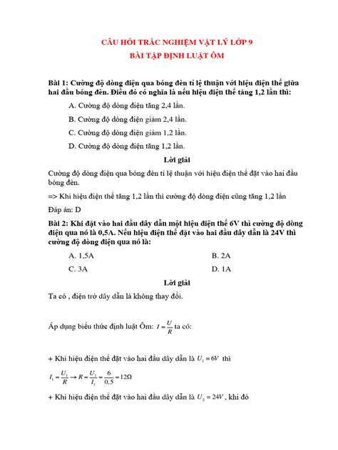 16 Cau Trac Nghiem Bai Tap Dinh Luat Om Co Dap An Vat Li Lop 9 Pdf