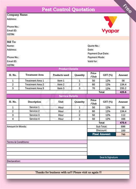 Pest Control Quotation Format Free Download