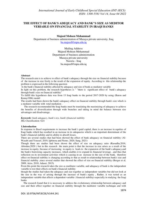 Pdf The Effect Of Banks Adequacy And Banks Size As Meditor Veriable