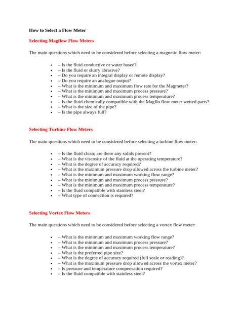 Selection Criteria In Flow Meter Selection 1 Pdf Flow Measurement