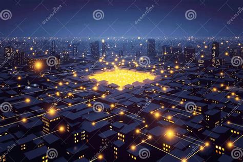 Cityscape With Illuminated Buildings And Data Flow Representing The Integration Of Technology