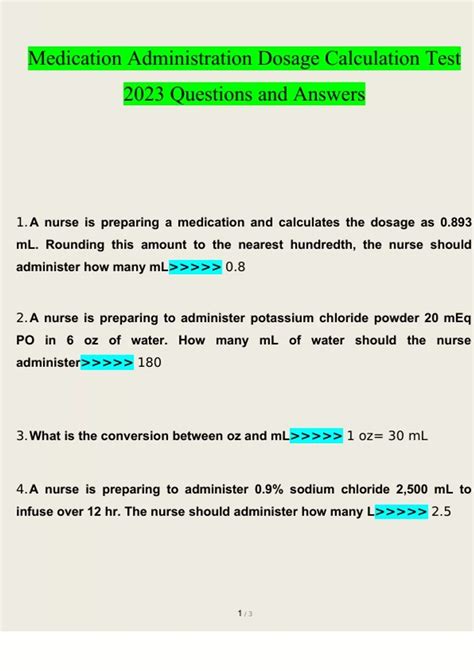 Medication Administration Dosage Calculation Test Questions Verified With 100 Correct Answers
