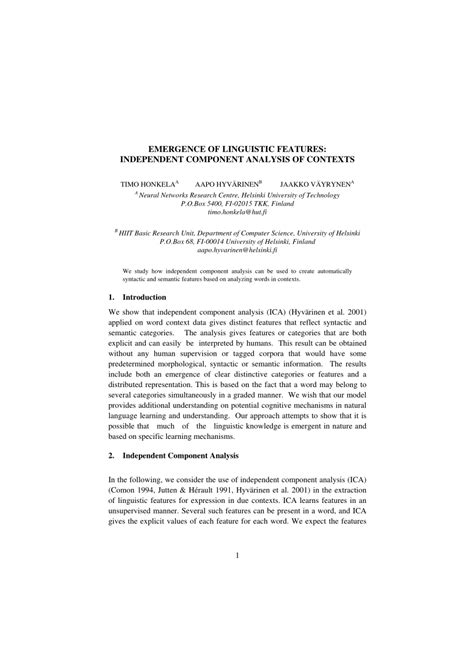 Pdf Emergence Of Linguistic Features Independent Component Analysis