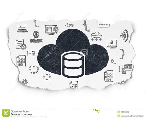 Database Concept Database With Cloud On Torn Paper Background Stock