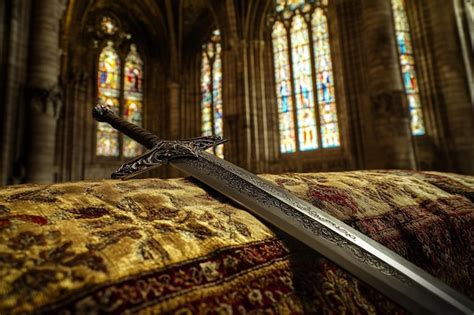 A Sword Sits On A Bed In Front Of A Stained Glass Window Premium Ai