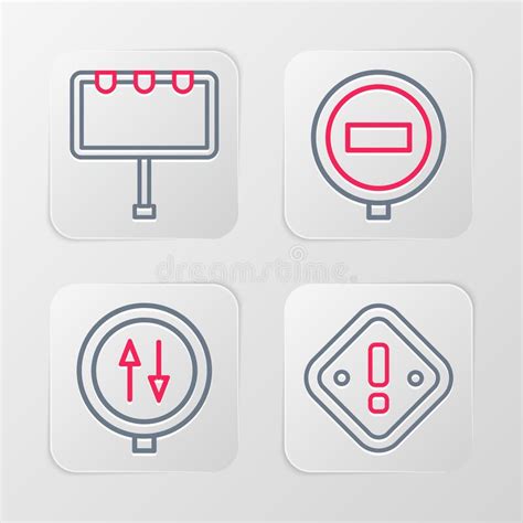Set Line Exclamation Mark In Triangle Road Warning Two Way Traffic Stop Sign And Billboard