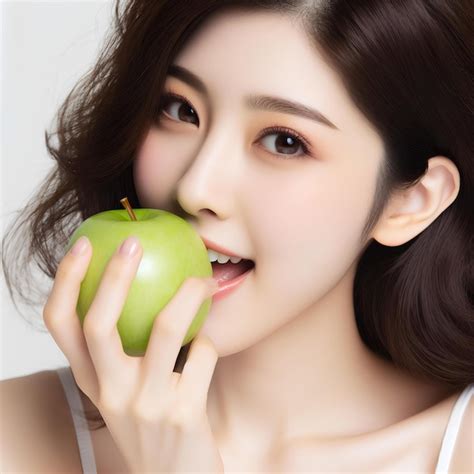 Woman Eat Green Apple On White Background Premium Ai Generated Image