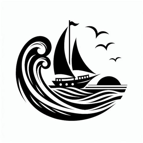 Silhouette Art Simple Ocean And Sailboat Logo Vector Contour Drawing