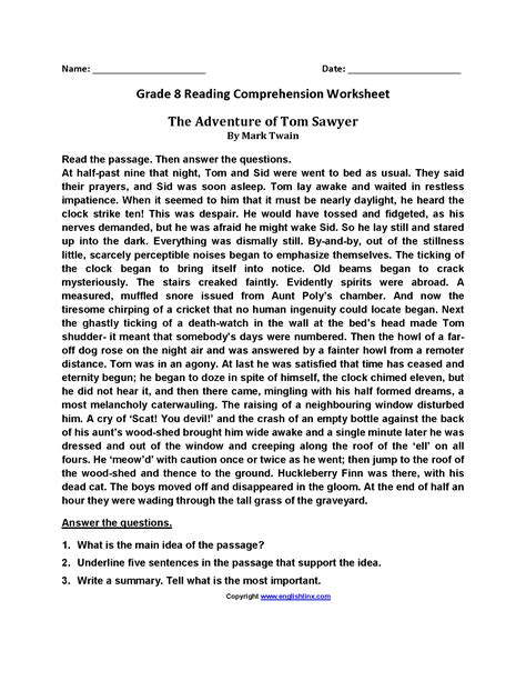 Eighth Grade Reading Comprehension Worksheets Free Printable Worksheets