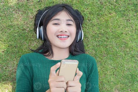 Young Beautiful Woman Girl Listening Music Headphones Outdoor 11216887