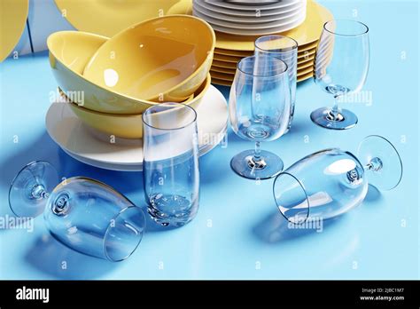 Set Of Clean Plates Glasses Glasses 3d Illustration Realistic