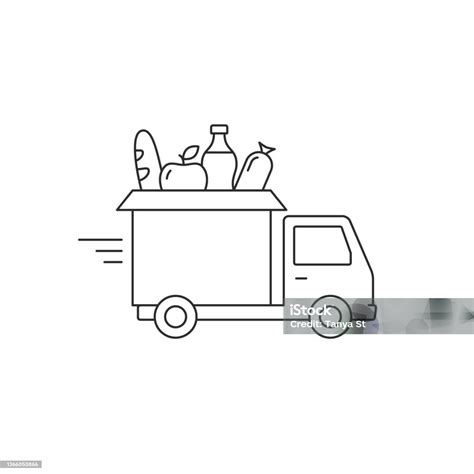 음식 벡터 라인 아이콘 고립 된 개요 일러스트를 제공하는 트럭 트럭 골판지 상자에 식료품 음식이있는 트럭 배달 자동차에 대한 스톡 벡터 아트 및 기타 이미지 Istock