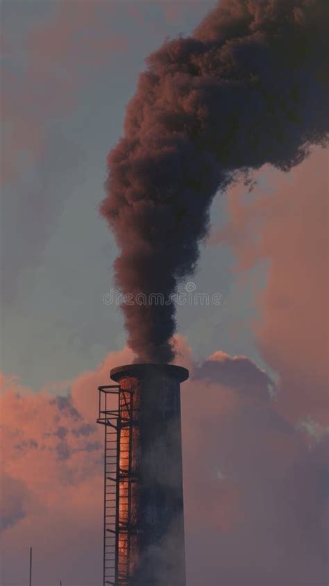 Industrial Smokestack Emitting Dark Smoke At Sunset Stock Image Image