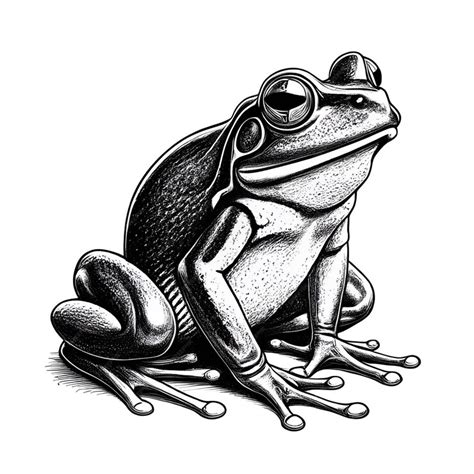 개구리 모노크롬 잉크 스케치 터 그림 조각 스타일 터 일러스트레이션 프리미엄 벡터