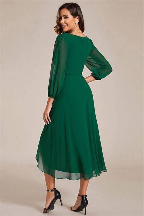Dresses Elegant Long Sleeve V Neck High Low Chiffon Wedding Guest