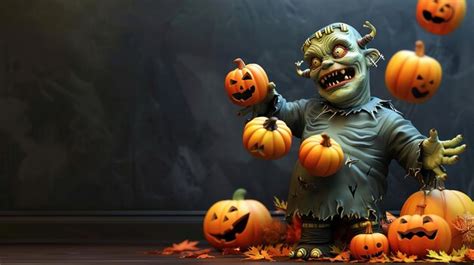 A 3d Cartoon Frankenstein Monster Juggling Pumpkins Halloween Premium
