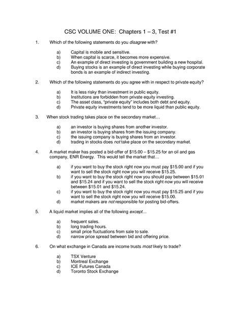 Canadian Securities Course Volume One Supplemental Questions CSC