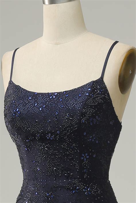 Zapakasa Women Navy Strapless Sweetheart Beaded Prom Dress With Split