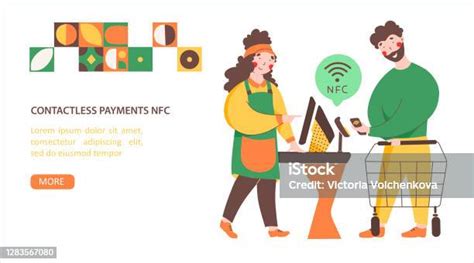 Nfc 非接觸式支付 平面向量著陸頁範本從智能手機支付 支付通行證技術向量圖形及更多超級市場圖片 超級市場 逛街 運輸機關建築物