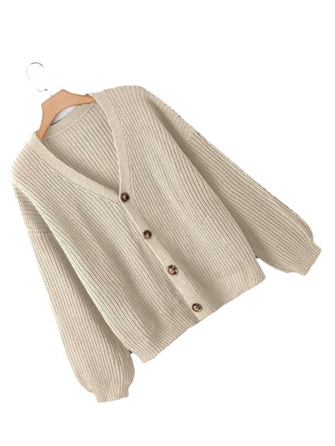 Womens Casual Plain V Neck Long Sleeve Apricot Plus Size Cardigans