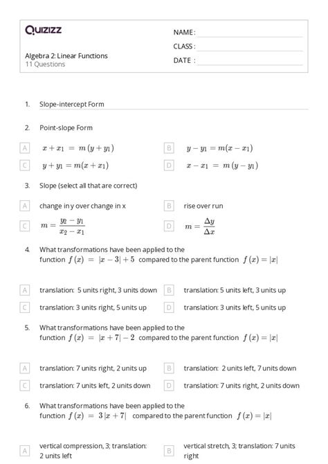 Printable Algebra 2 Worksheets For Year 11 Quizizz