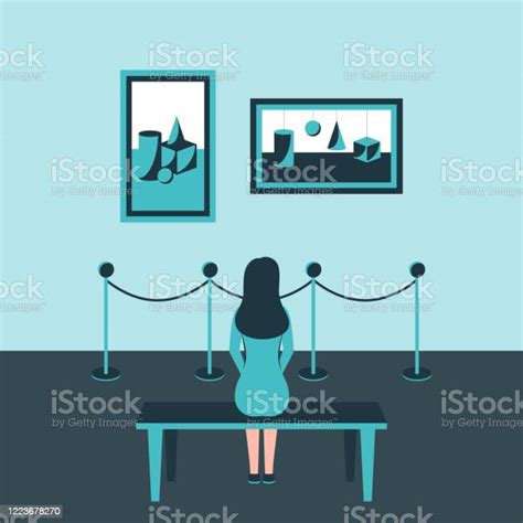 한 소녀가 박물관의 벤치에 앉아 현대 미술 전시회에 앉아 울타리 뒤벽에 걸려 있는 추상회화를 바라본다 흑백 블루 색 구성표입니다 벡터 그림입니다 개념 검사 보기에 대한 스톡
