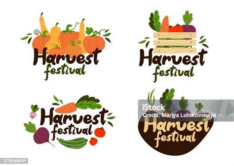 수확 축제 레터링 세트 호박 야채 농장 시장 엠블럼 추수 감사절 파티 전단지 휴일 휴일 카드 디자인 만화 벡터 고립 컬렉션과