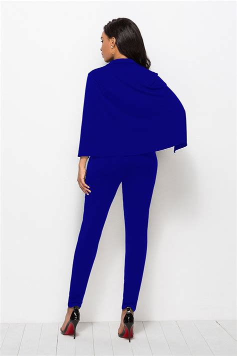 Royal Blue Jumpsuit With Deep V Neck And Cape Style