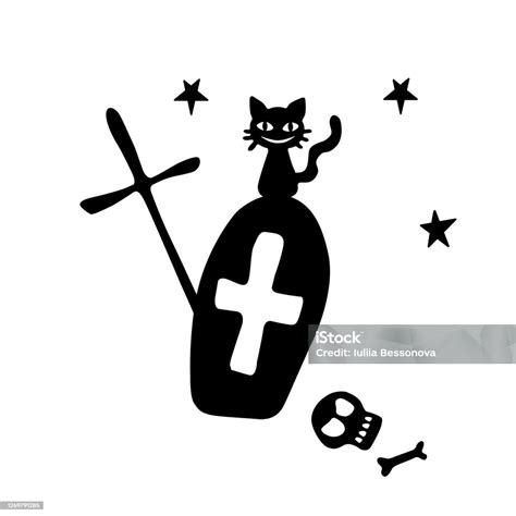 묘지에 무덤 그것에 앉아 미소 검은 고양이와 묘비 만화 플랫 스타일 벡터 장식 요소 흰색 배경에 고립 된 검은 실루엣 할로윈과 죽음의 테마 검은색에 대한 스톡 벡터 아트 및