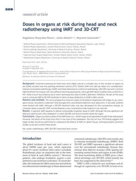 Pdf Doses In Organs At Risk During Head And Neck Radiotherapy Using Imrt And 3d Crt