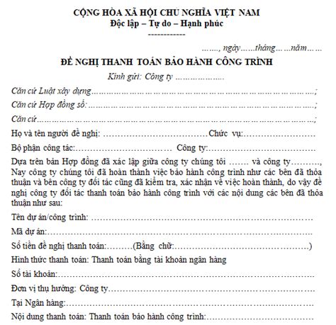 Mẫu văn bản đề nghị thanh toán tiền bảo hành công trình