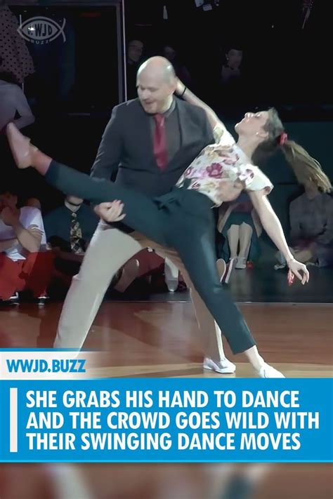 A Man And Woman Dancing On Stage With The Caption She Grabs His Hand To