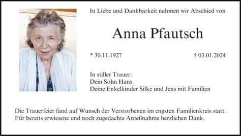 Anna Pfautsch Traueranzeige Frankende